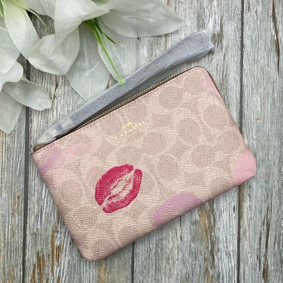 Coach | Bags | Coach Corner Zip Wristlet In Signature Canvas With Lips ...